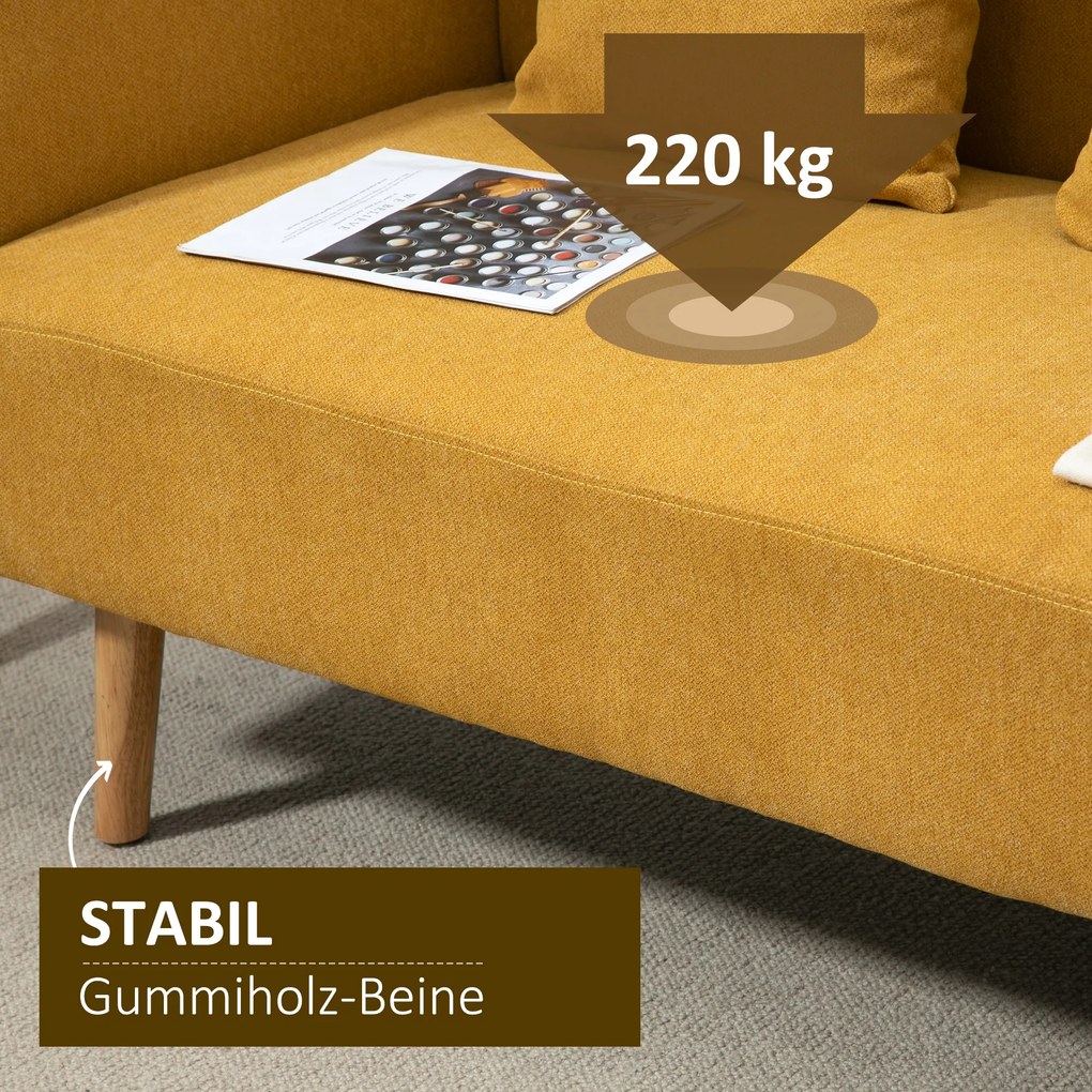 HOMCOM Dvoumístná pohovka s polštáři, nastavitelné podnožky, sametový polyester, pěna, kompaktní design, 2místná, přírodní+žlutá