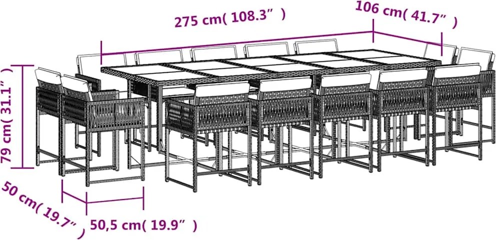 15dílný zahradní jídelní set s poduškami šedý polyratan 3211592