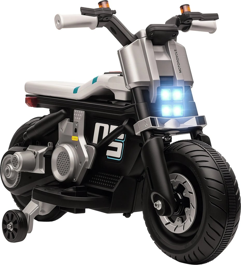 Dětská elektrická motorka HOMCOM 6V s baterií, světly, melodií a houkačkou, rychlost 3 km/h, s možností jízdy vpřed i vzad a stabilizačními kolečky pr