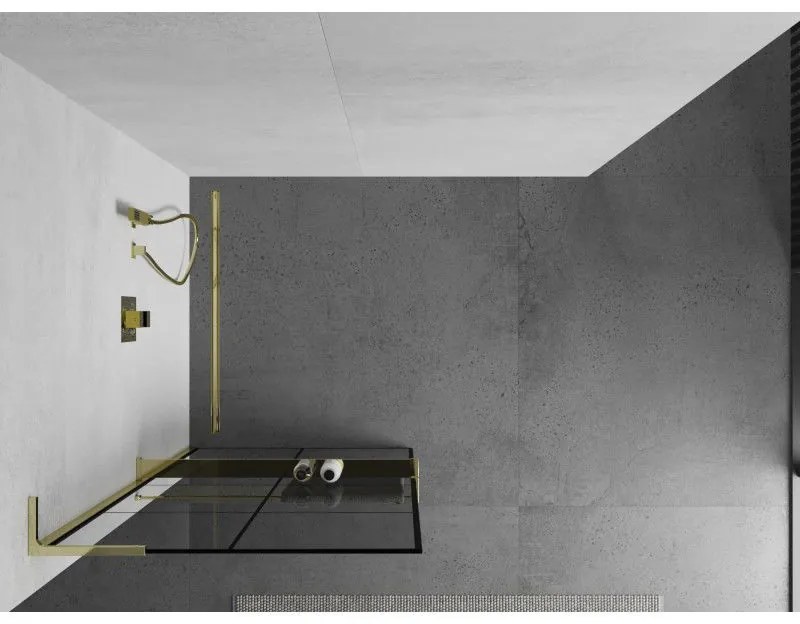 Mexen Kioto+ L, sprchová zástěna Walk-In s poličkou a věšákem 90 x 200 cm, 8mm čiré sklo černý vzor, zlatý lesklý profil, 800-090-123-50-77