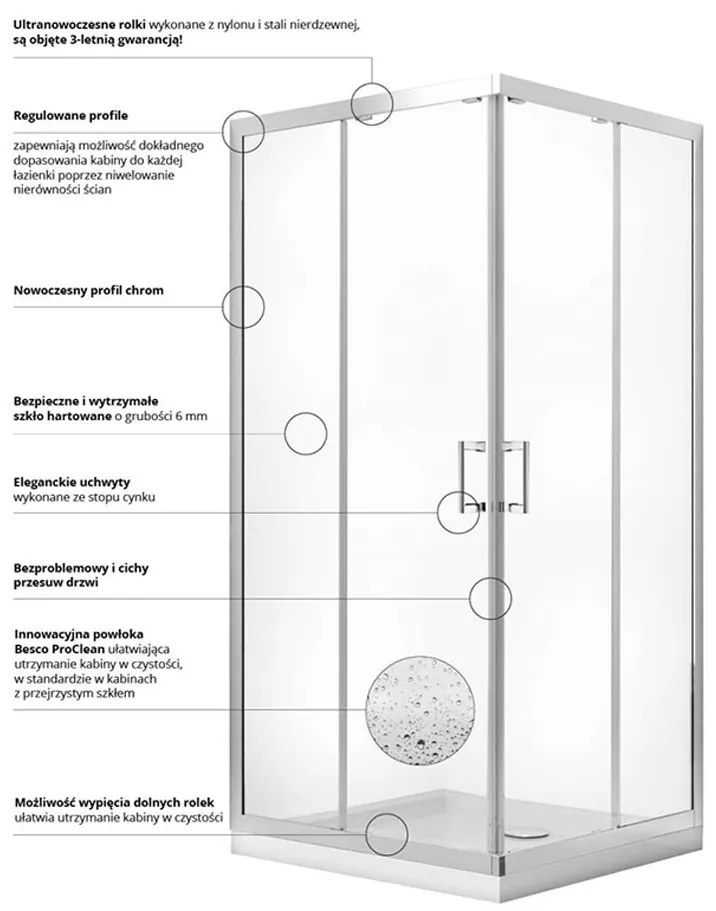 Besco Čtvercový sprchový kout MODERN 190 SQ 80x80 (90x90), výška 190 cm - bez vaničky Rozměry (cm): 80x80, Barva profilů a typ výplně: profily: chrom, výplň: transparent