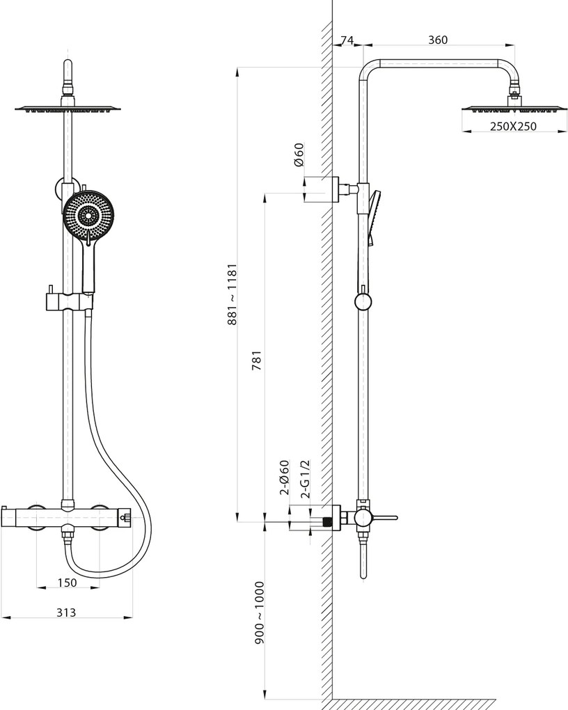 Sapho Sapho, ICONIC sprchový sloup s pákovou baterií, černý mat, AF139B