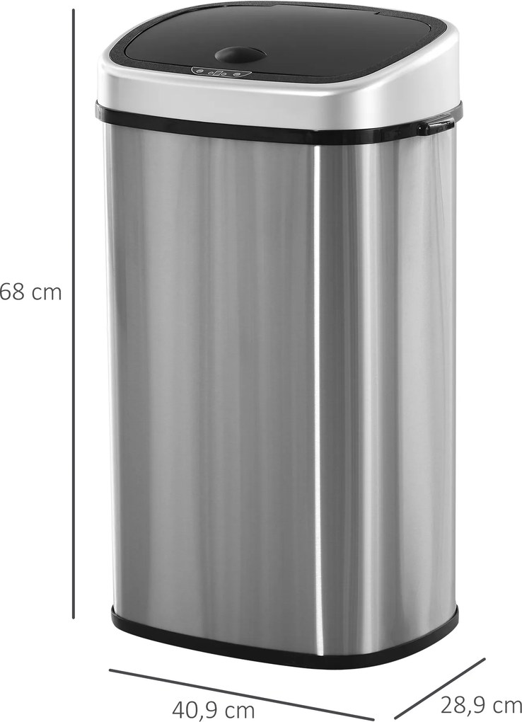 HOMCOM Odpadkový koš 58L, automatický odpadkový koš s infračerveným senzorem, hygienický, velký, nerezová stříbrná, D40,9xŠ28,9xV68 cm | Aosom.de