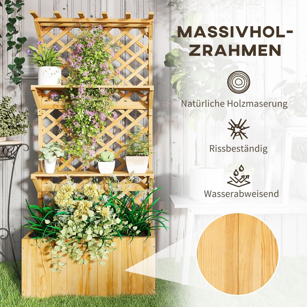 Vyvýšený zahradní záhon s treláží Outsunny, květinový truhlík z borového dřeva, rostlinný záhon s treláží, studený rám se policemi, truhlík pro teras…