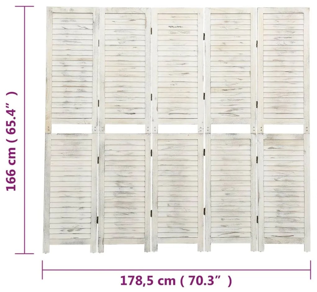 5dílný paraván bílý s patinou 178,5 x 166 cm masivní dřevo,  338572