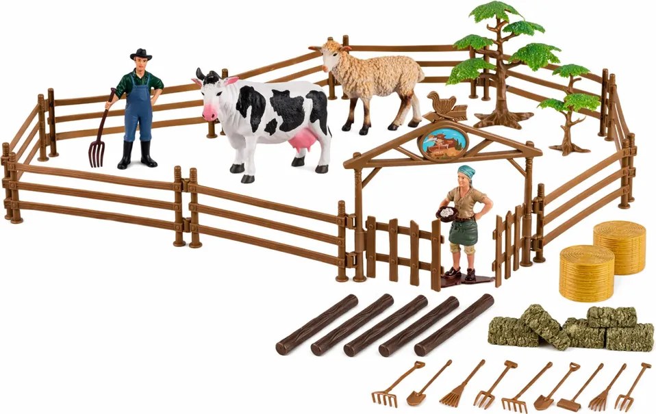 LEAN Toys Zemědělská sada: Traktor s přívěsem, zvířata, farmáři, farma, 45 dílů