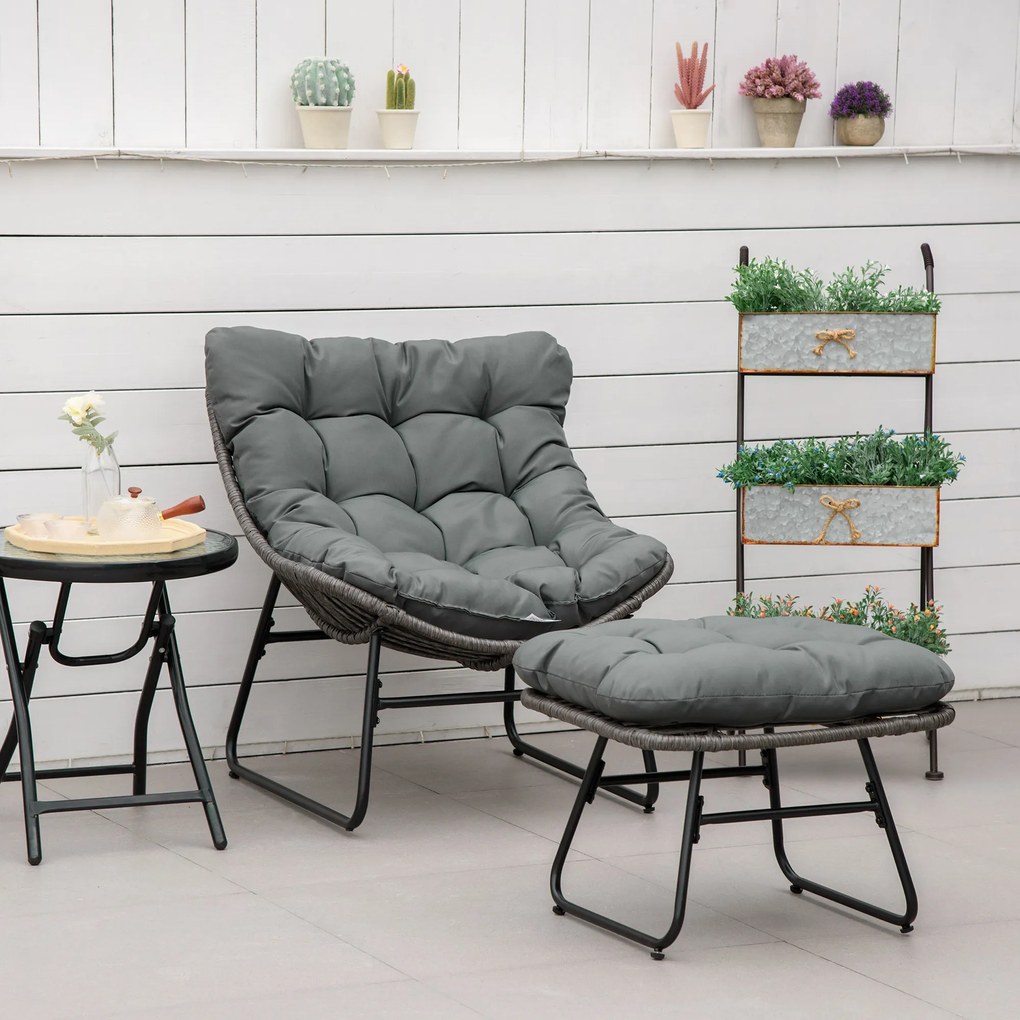 Outsunny ratanové relaxační křeslo s podnožkou zahradní křeslo venkovní ratanové křeslo s polštářem, ocel a polyester, šedé 69x76x70 cm pro zahradu a…
