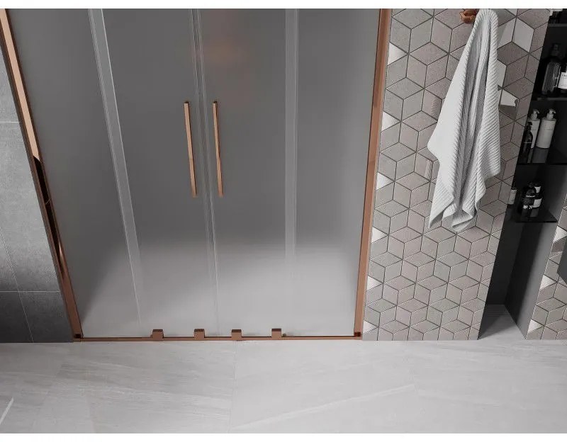 Mexen Velar Duo, posuvné sprchové dveře do otvoru 150 cm, 8mm sklo námraza, růžové zlato, 871-150-000-32-60