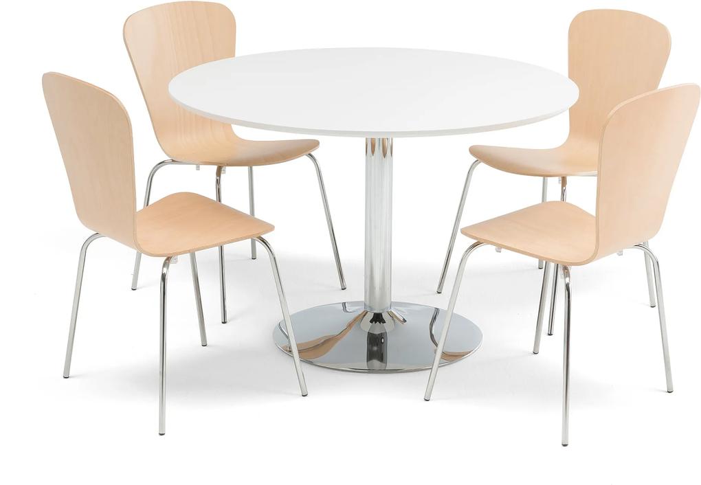 AJ Produkty Jídelní set Lily + Milla: stůl Ø 1100 mm, bílá/chrom + 4 židle, buk