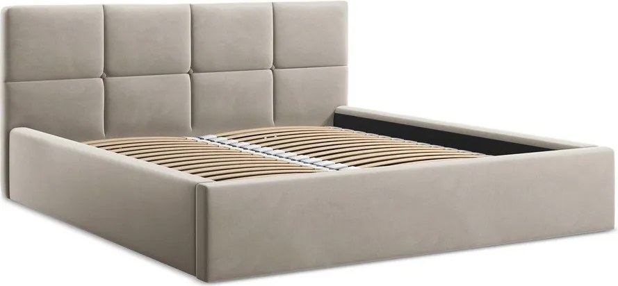 Taupe sametová čalouněná dvoulůžková postel s úložným prostorem s roštem 140x200 cm Hiko – Makamii