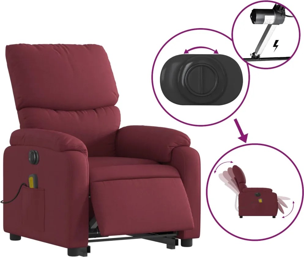 Elektrické zvedací masážní polohovací křeslo vínové textil 3204863