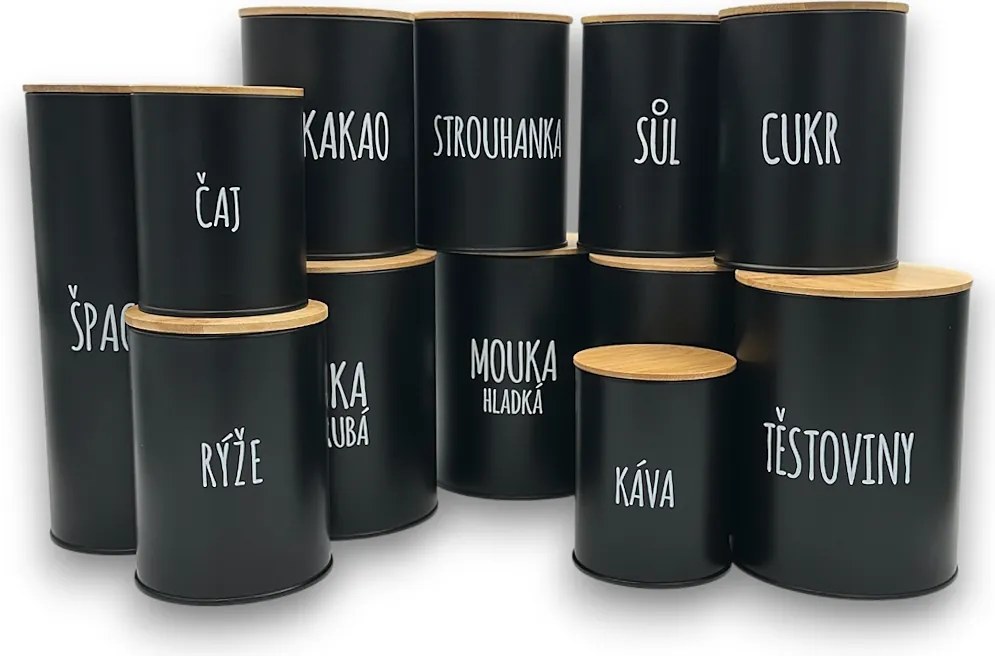 Orion Sada 12ks plechových dóz na potraviny, černé s nápisem, s bambusovým víkem SADA