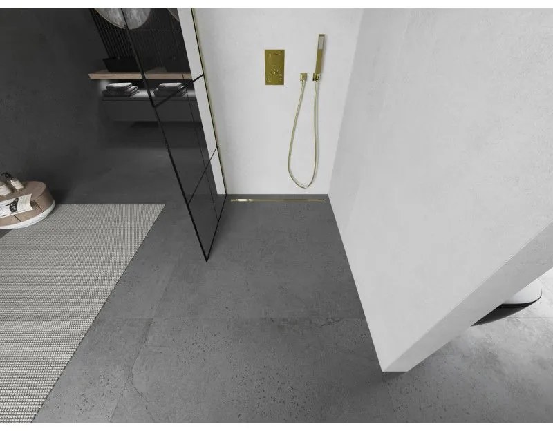 Mexen Kioto L, sprchová zástěna Walk-In 70 x 200 cm, 8mm čiré sklo černý vzor, ​​zlatý matný profil, 800-070-103-55-77