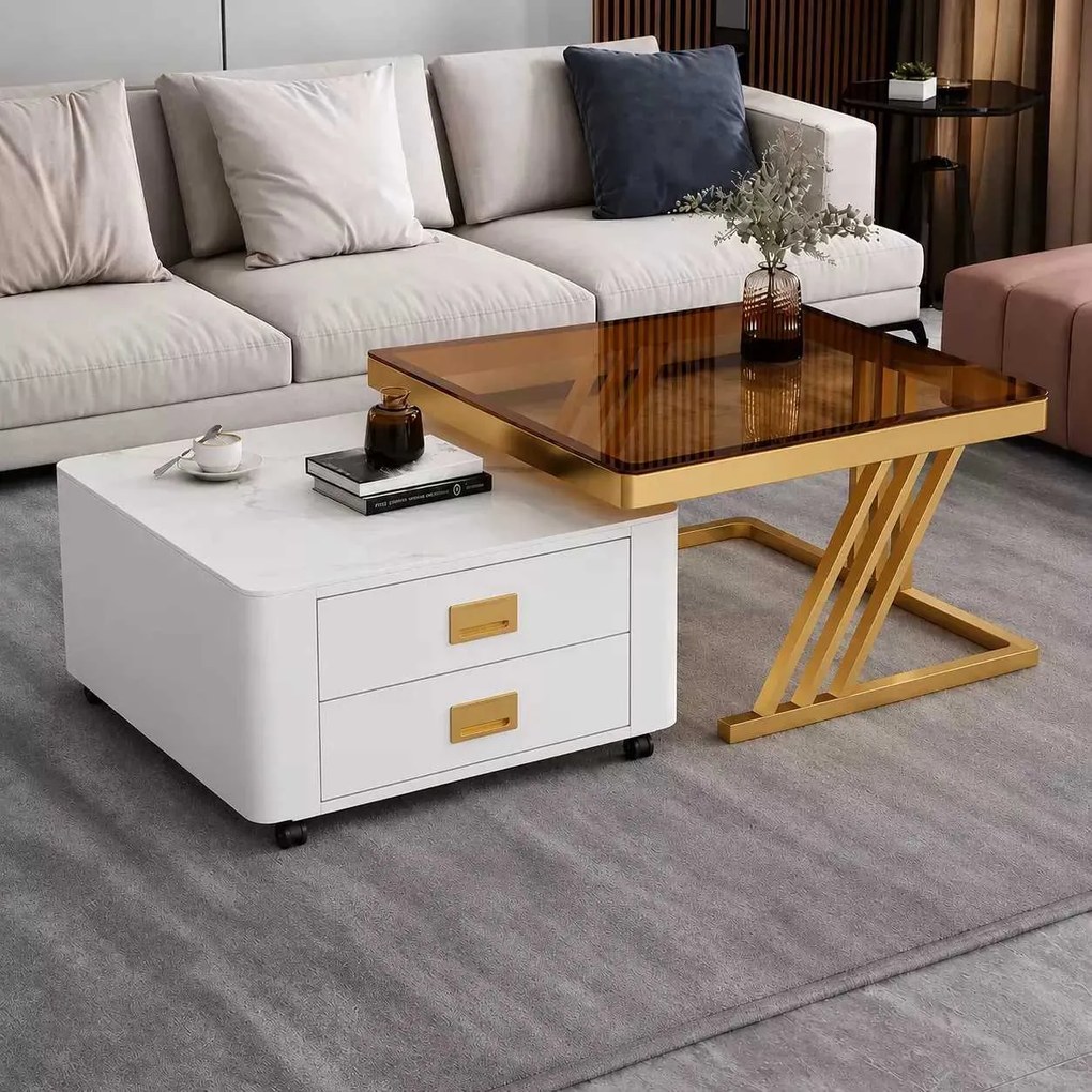 LuxuryForm DESIGN Konferenční stolek BOLT 70 × 70 / 60 × 60 cm – bílý / zlatý (set 2 ks)