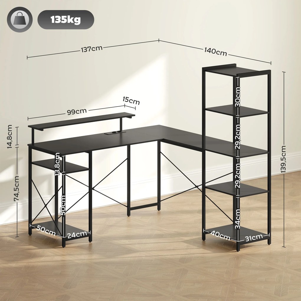 HOMCOM Psací stůl, počítačový stůl ve tvaru L 137 x 140 x 139,5 cm Rohový psací stůl se 6 policemi, kancelářský stůl s podstavcem na monitor, USB, zá…
