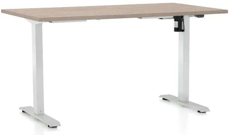 Výškově nastavitelný stůl OfficeTech A, 140 x 80 cm, bílá podnož, dub