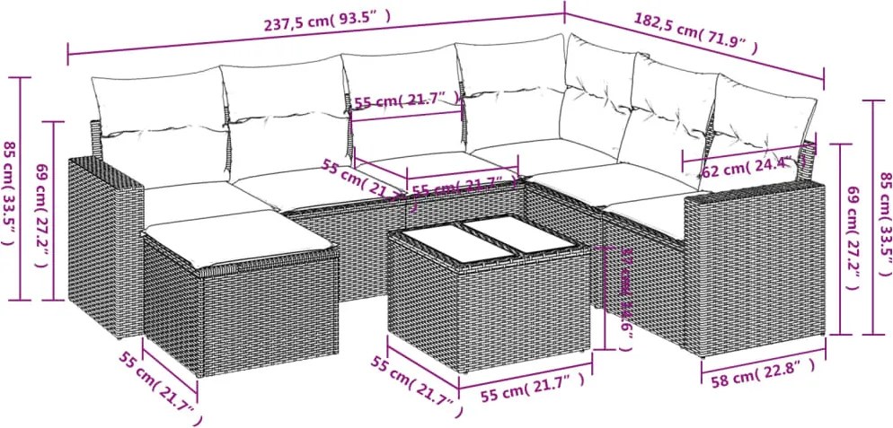 8dílná zahradní sedací souprava s poduškami černá polyratan 3219296