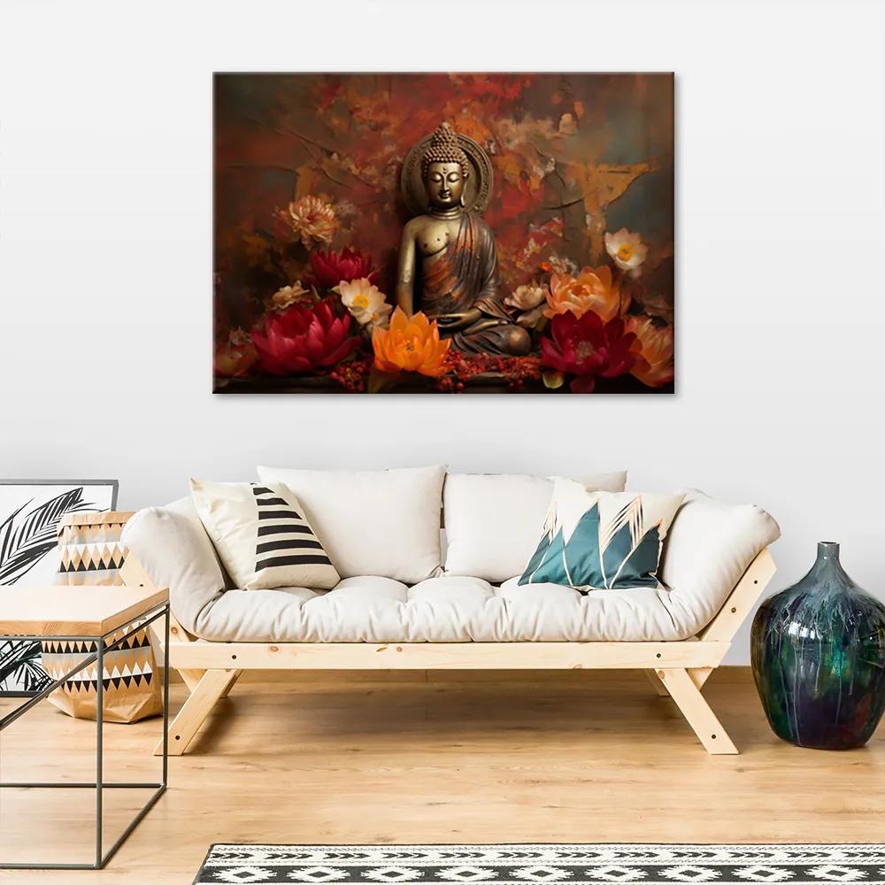 Gario Obraz na plátně Socha meditujícího Budhy a barevné květiny Rozměry: 60 x 40 cm