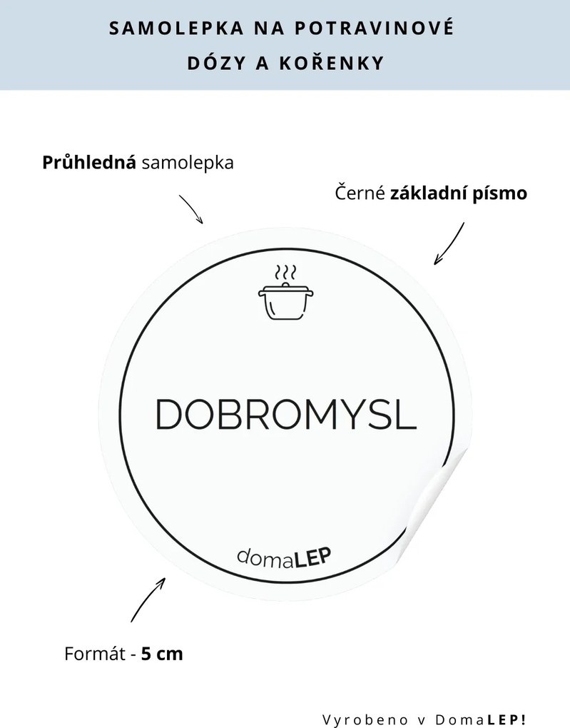 Samolepka na kořenky DOBROMYSL průhledná 5 cm základní písmo