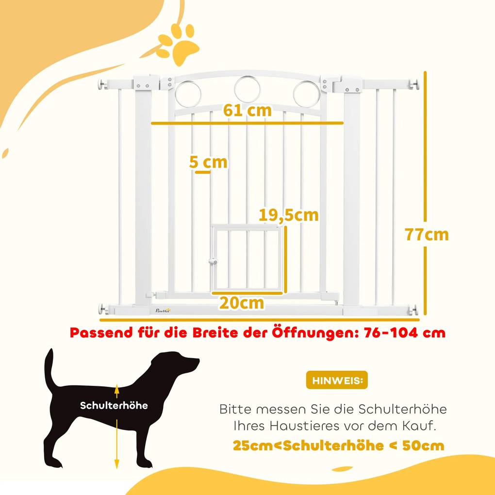 Bezpečnostní branka do dveří PawHut, schodišťová branka 76-104 cm, schodišťová branka bez vrtání, schodišťová branka s dvířky pro kočky, uzamykatelná…
