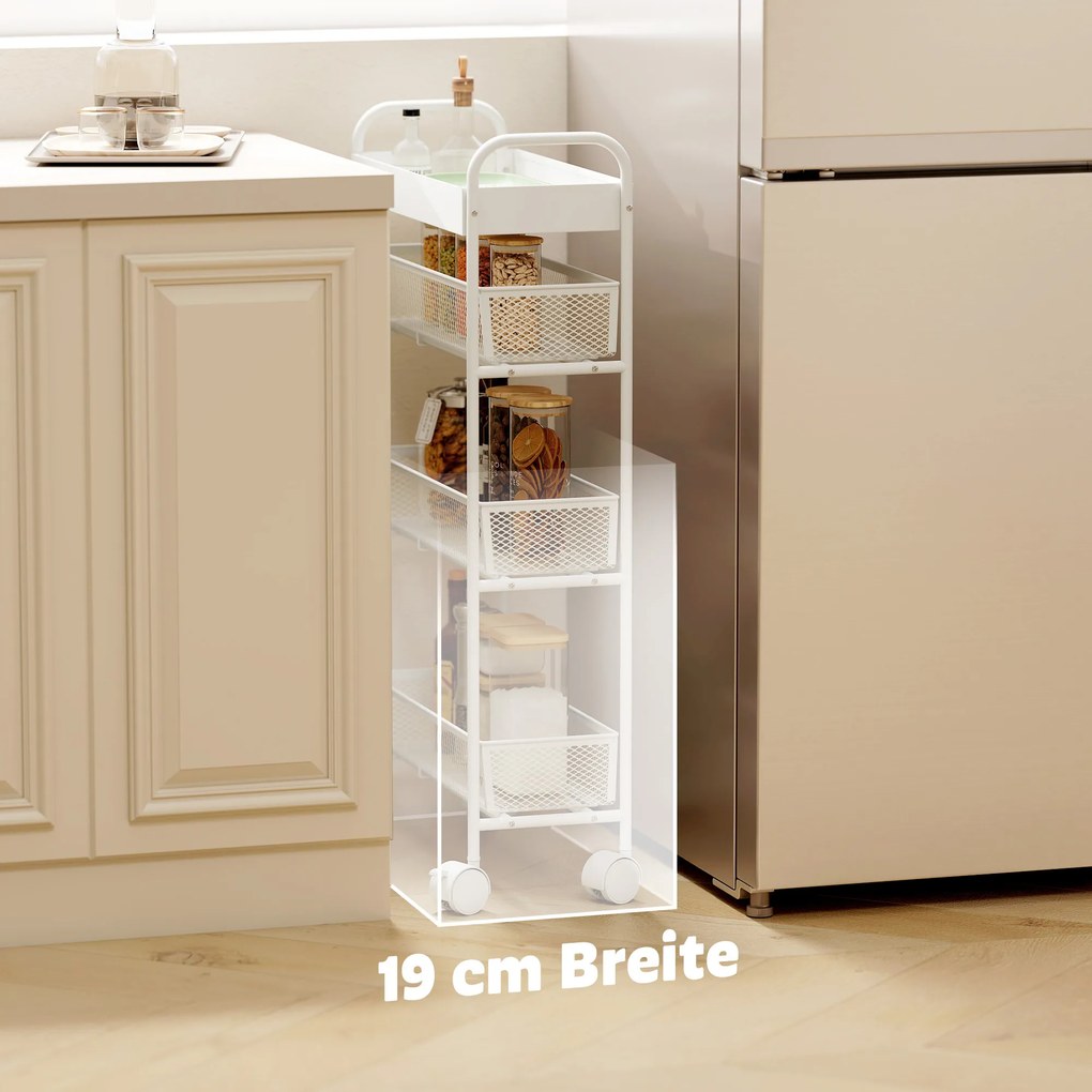 HOMCOM Kuchyňský vozík z kovu, 3 koše, úzký design, 4 kola, pro kuchyň, obývací pokoj, koupelnu, bílý