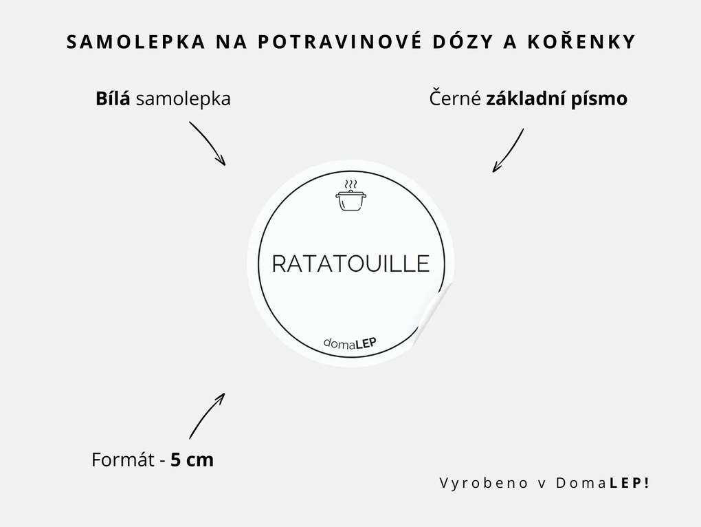 RATATOUILLE - omyvatelná samolepka na kořenky, výběr rozměrů Ø 5 cm / 5 x 5 cm / 6 x 8 cm | DomaLEP tvar: KOLEČKO, barva: BÍLÁ - ČERNÉ písmo, velikost: Ø 5 cm - tučné písmo