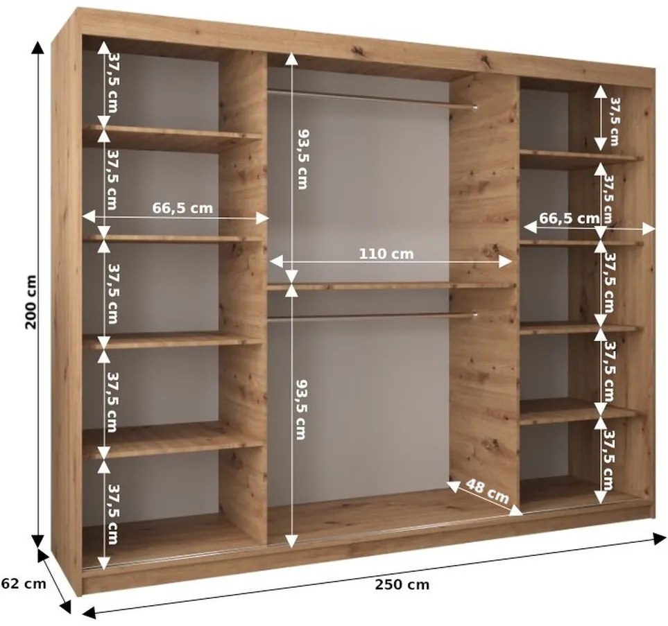 Šatní skříň ENNI - šířka 250 cm, dub artisan / bílá