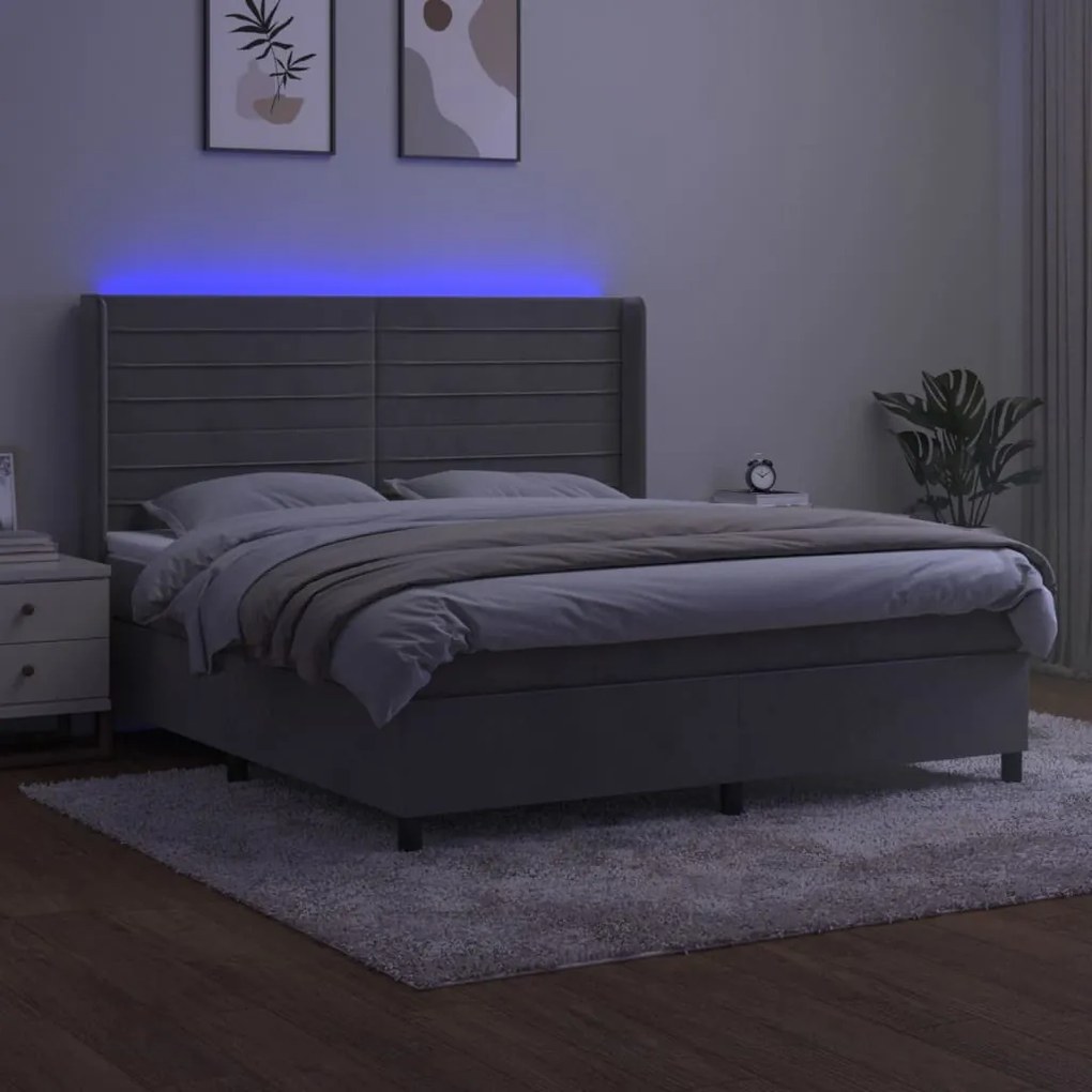 Box spring postel s matrací a LED světle šedá 180x200 cm samet 3139637