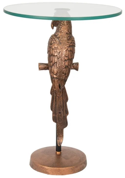 Měděný antik odkládací stolek s papouškem a skleněnou deskou Parrot – 38x53 cm