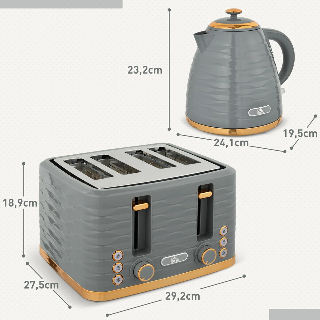 HOMCOM snídaňový set konvice a topinkovač 1,5 l konvice 4 plátky topinkovače 3000 W 7 stupňů propečení rozmrazování a ohřívání Šedá | Aosom.de