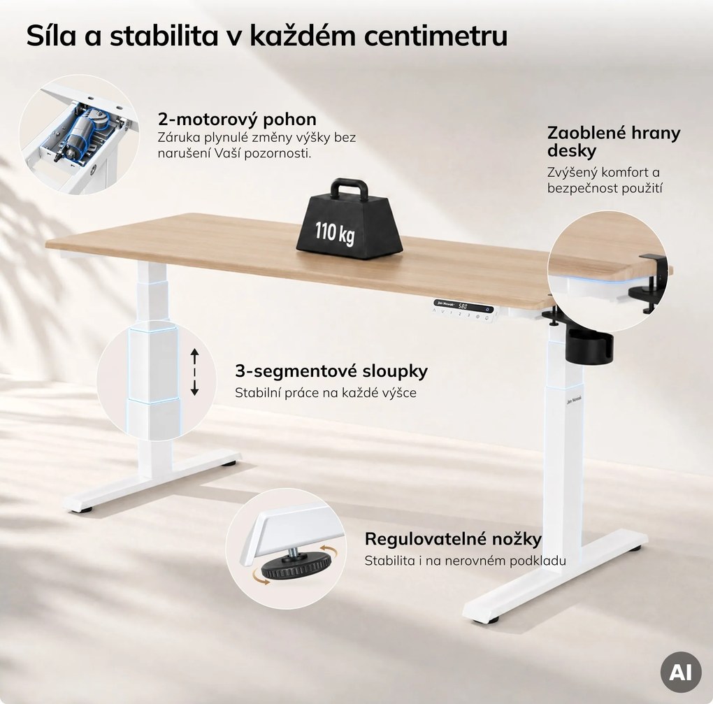 Elektrický stůl s nastavitelnou výškou ergonomický bílý/dub sonoma,1600x800 mm: ARIA