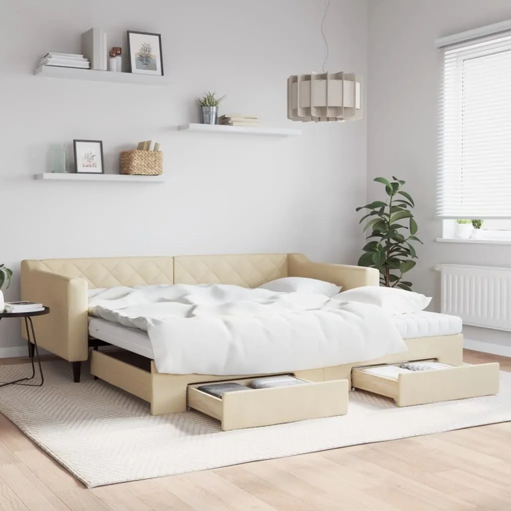 Válenda s přistýlkou a zásuvkami krémová 100 x 200 cm textil 3197489