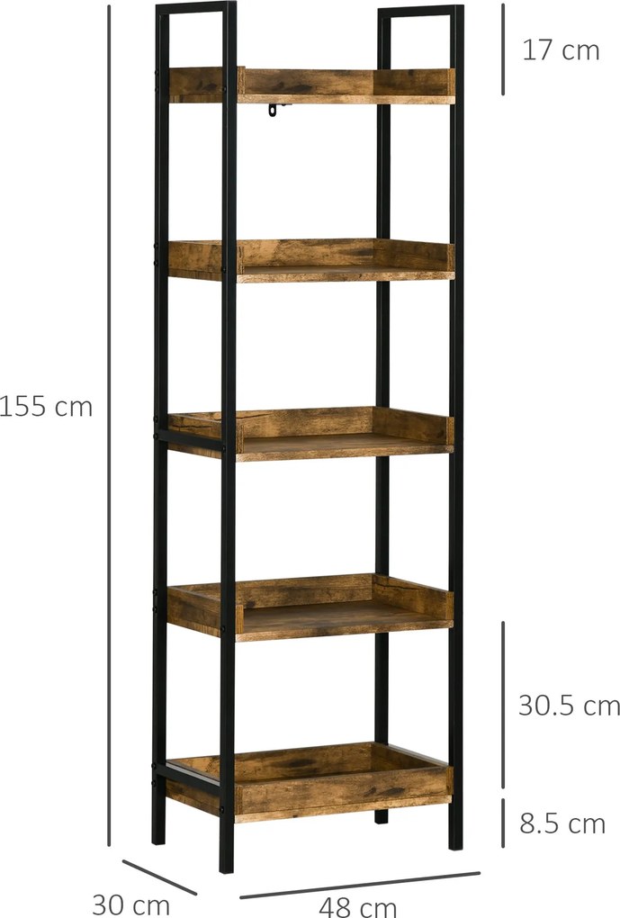 HOMCOM Knihovna v industriálním stylu s 5 policemi, Dřevěná a kovová knihovna pro domov a kancelář, 48x30x155cm, Rustikální hnědá