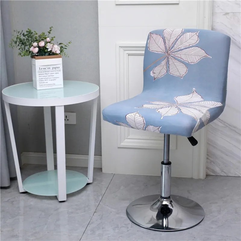 Elastické potahy na židle s nízkým opěradlem, barové židle Motiv: modrá s bílými listy