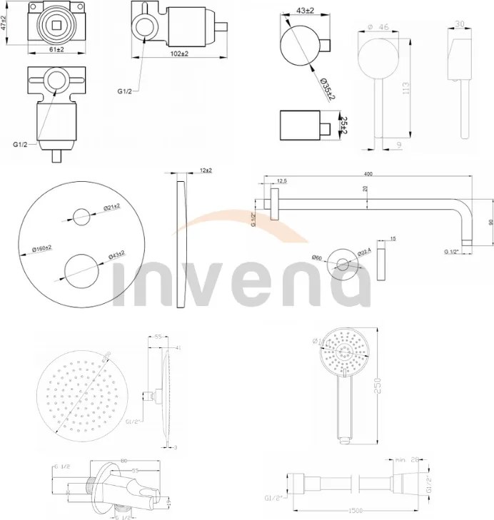 Invena Dafni, podomítková sprchová sada s ruční a hlavovou sprchou 25cm, černá matná, INV-BS-88-014-A