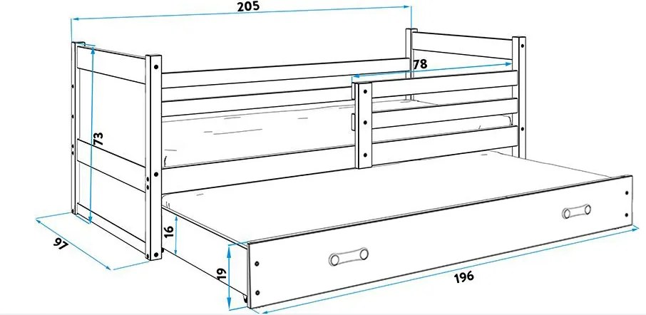 SMB Dětská postel s přistýlkou RICK 2, 90x200 cm Dekor: Borovice, Barva šuplíku: Modrá