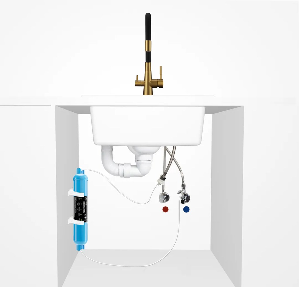 Laveo Dřezová baterie Riveco v kompletu s mineralizačním filtrem vody - BRICG68D, černá mat/zlatá kartáčovaná