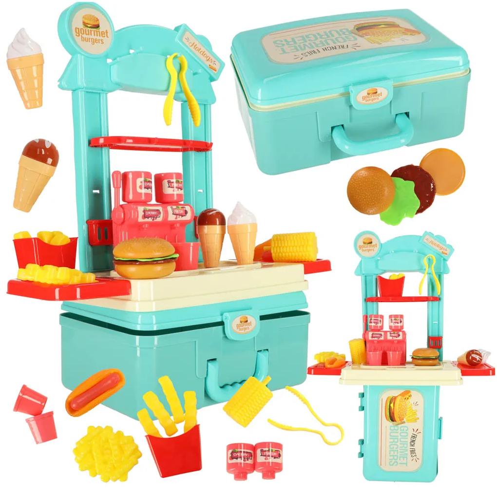 KIK KX4305 Dětská kuchyňka v kufříku fast food hamburgerová sada zmrzlina hranolky 55cm