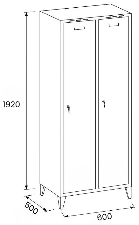 Plechová šatní skříňka s8 na nohách, 2 oddíly, 1920 x 600 x 500 mm, cylindrický zámek, modré dveře
