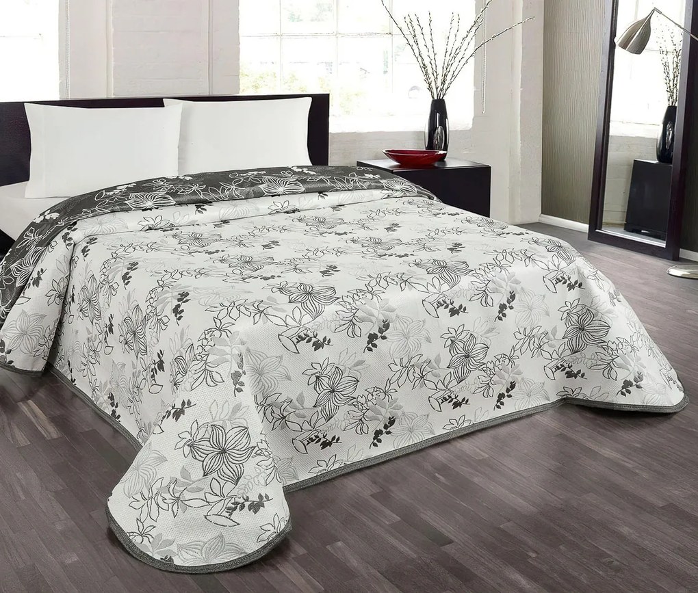 Forbyt Přehoz na postel LISABON bílý/ šedý s listy, 240x260cm, dvojlůžkový