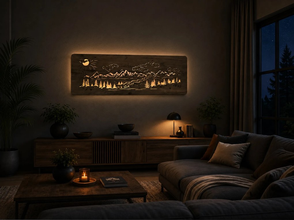 Li-Go "Hory, les" světelný obraz s baterií a pohybovým čidlem 120x40cm provedení povrchu: dub světlý