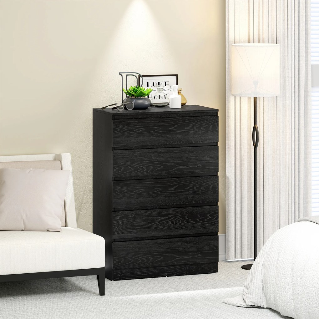 HOMCOM komoda do ložnice s 5 zásuvkami, zásuvková skříň do obývacího pokoje, kanceláře, moderní design 77x40x111,5 cm, černě dřevěný
