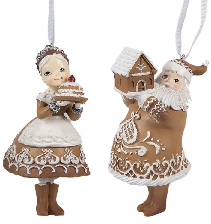 Sada 2 vánočních ozdob z plastu perníkový Santa Claus s paní Clausovou – 13 cm