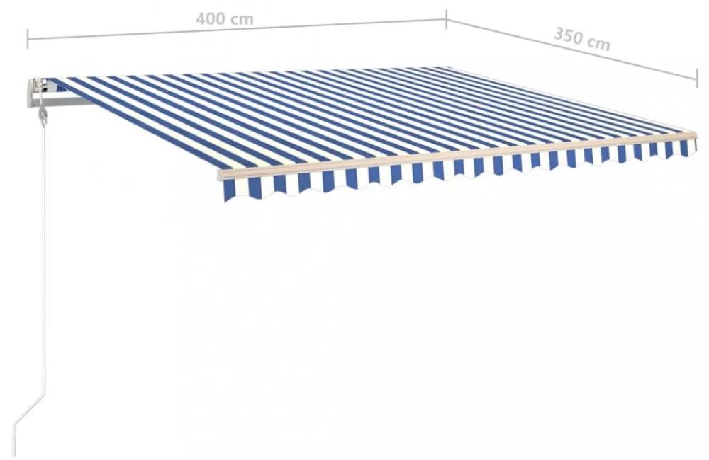 Ručně zatahovací markýza se sloupky 400x350 cm Dekorhome Bílá / modrá