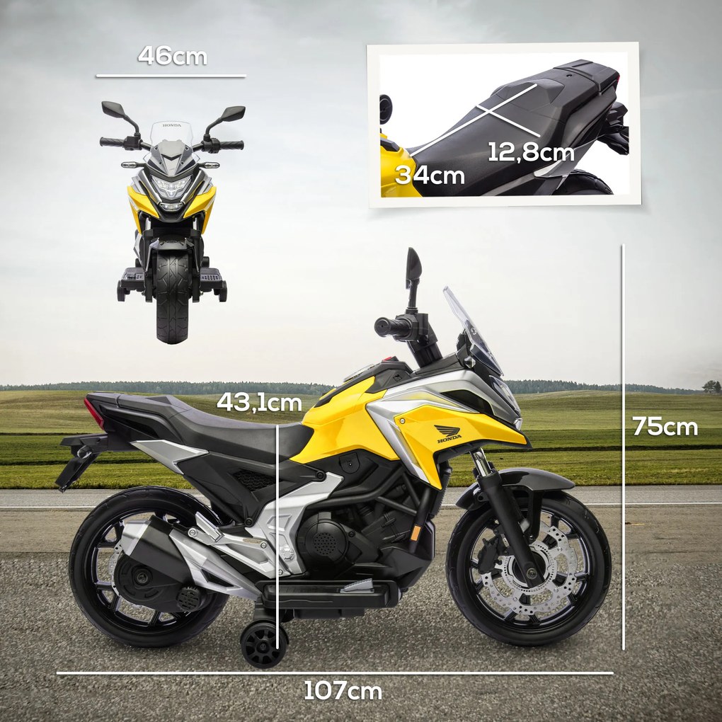 AIYAPLAY Elektrická dětská motorka, Honda, 3 km/h, hudba a světlo, 3-6 let, do 30 kg, žlutá