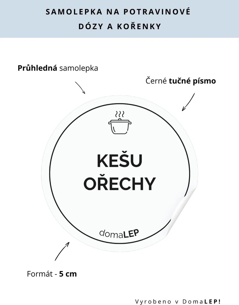 KEŠU OŘECHY – průhledná samolepka na dózu, tučné písmo, 5 cm | DomaLEP