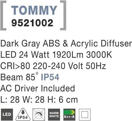 NV 9521002 Venkovní stropní svítidlo TOMMY tmavě šedý ABS a akrylový difuzor LED 24W 3000K 220-240V 85st. IP54 - NOVA LUCE