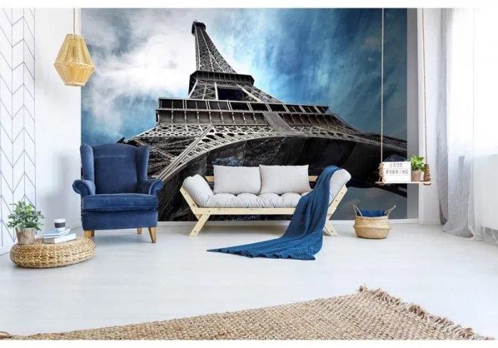 DIMEX | Samolepicí vliesová fototapeta na zeď Eiffelova věž MA-5-0026 | 375 x 250 cm | modrá, bílá, šedá