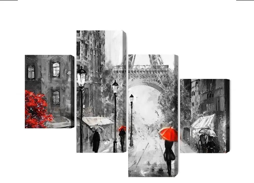 Vícedílný obraz Lidé S Červenými Deštníky Na Ulici V Paříži Nedostatek Nedostatek Přírodní plátno 240x150