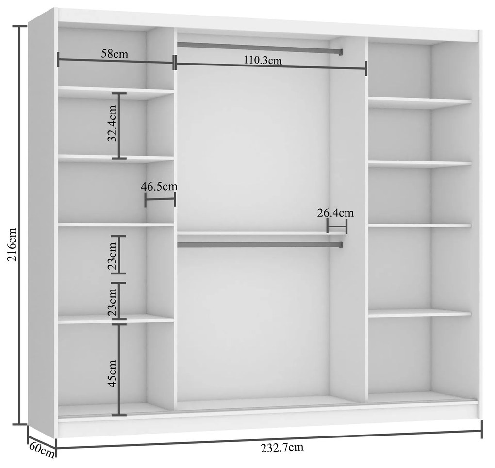 Šatní skříň 232 cm Belini bílý mat / bílý lesk s posuvnými dveřmi a zrcadlem  BM SZP4/2/W/WI/2W1L/HI